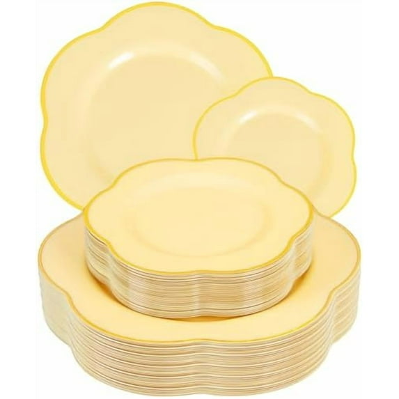 50PCS Yellow Plastic Plates - Heavy Duty Disposable -Yellow and Gold ...