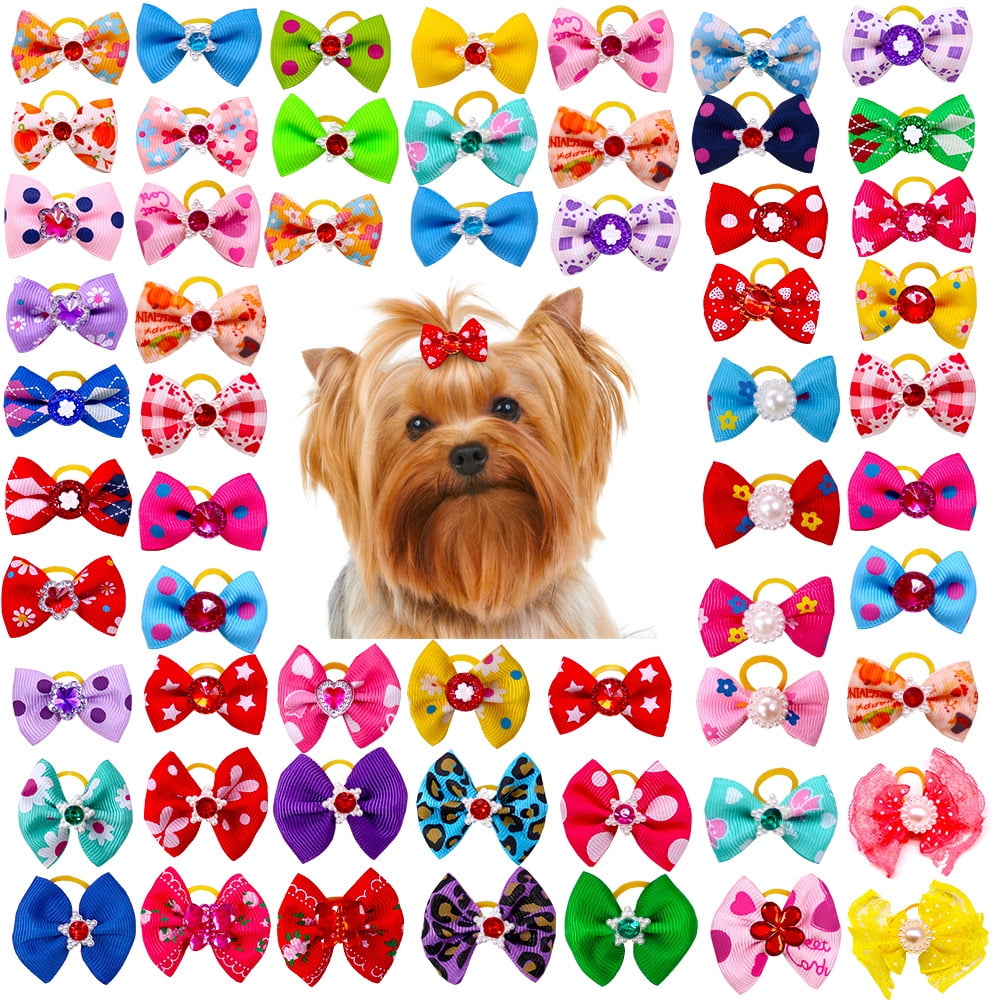 50PCS Yorkie Dog Hair Bows with Rubber Bands Rhinestone,Cute Dog Bows ...