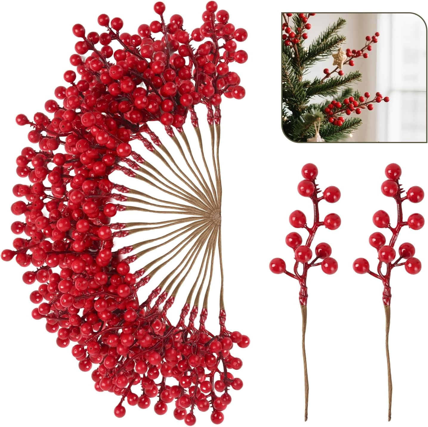 50Pack Artificial Berry Stems for Christmas Tree Decorations, Red Berry ...