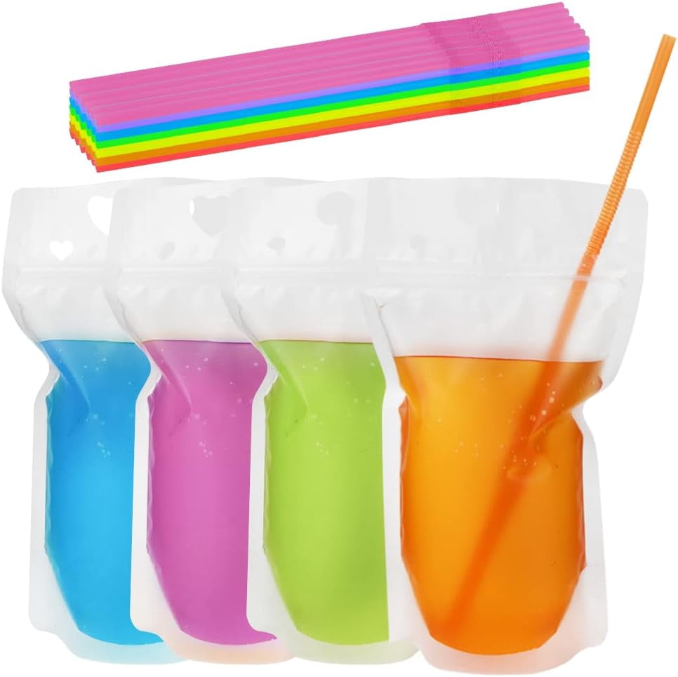 50Pack Disposable Drink Pouches with Straws, Take-Away Smoothie Juice ...