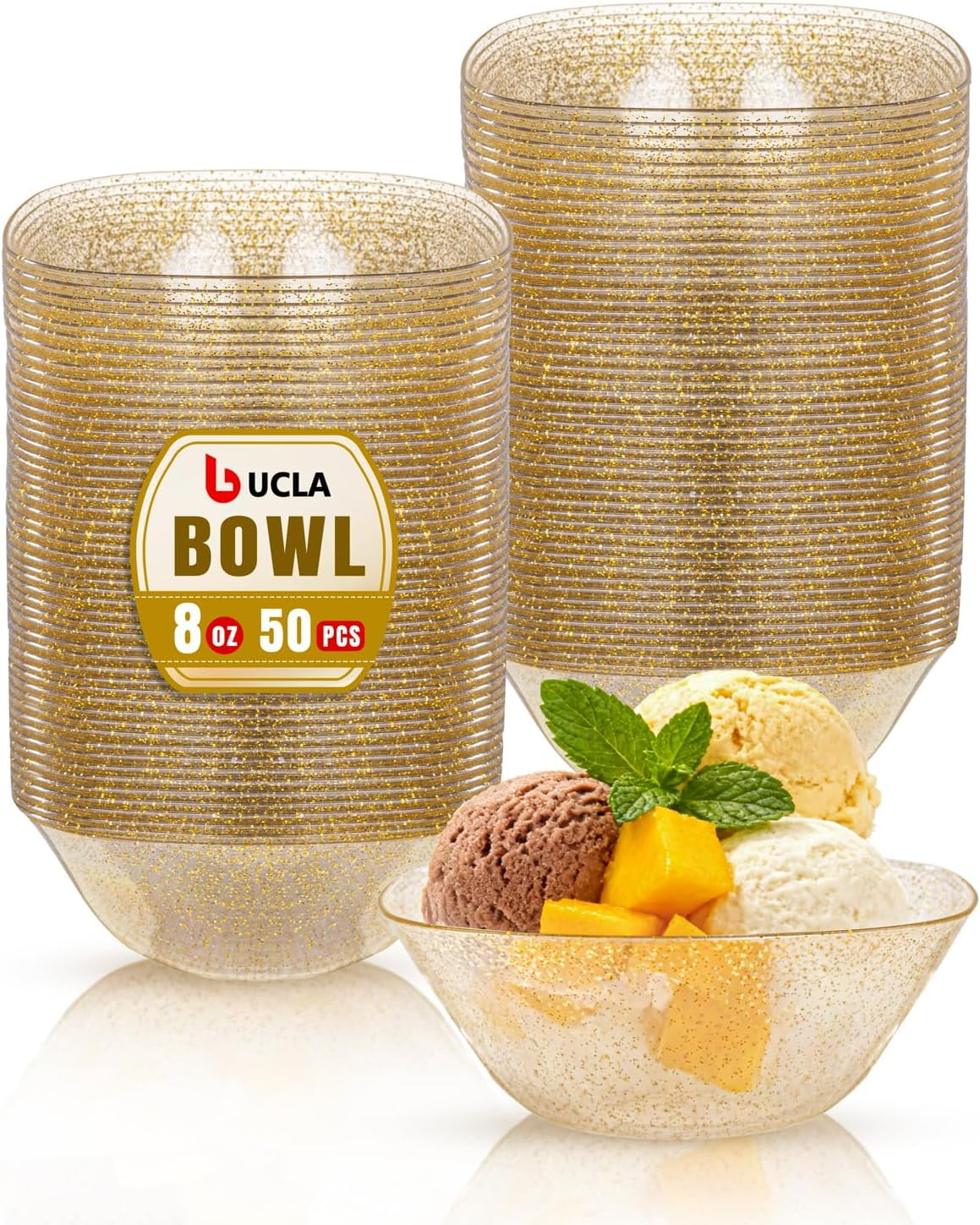 50Pack Gold Glitter Plastic Small Bowls - 8oz Disposable Ice Cream ...