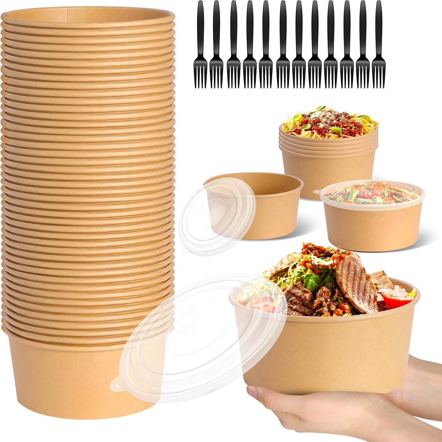 50Pack Large Paper Bowls Disposable【with Lids and Forks】, Meal Prep ...