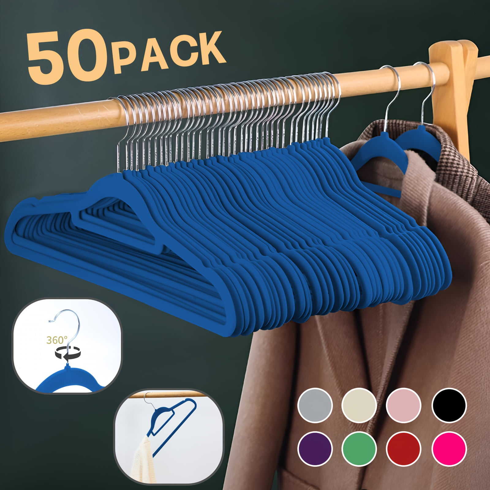 50Pack Velvet Hangers - 360° Swivel Hook, Space Saving Felt Hangers For ...