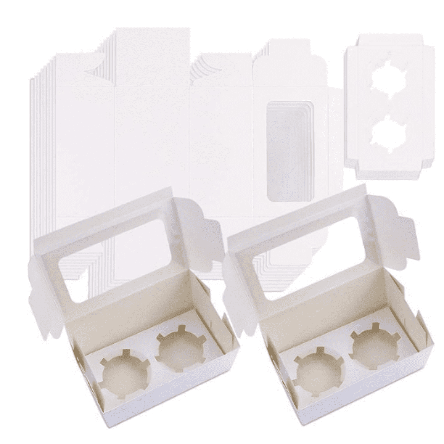 50Pack White Paper Cupcake Boxes with Window and Two Treat Holder ...