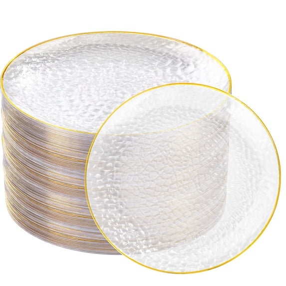 50Pcs 10 Inch Heavy-Duty Clear Golden Disposable Plates, Hammered ...