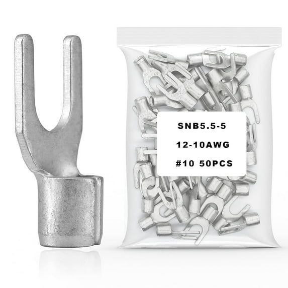 50Pcs #10 Non-Insulated Fork Terminal,12-10 AWG Brazed Seam Red Copper ...