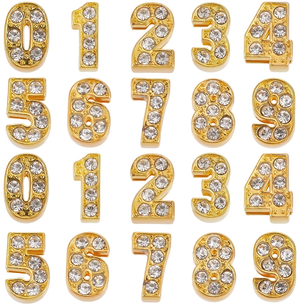 50Pcs 10 Styles Golden Plated Alloy Slide Charms with Rhinestone Number ...