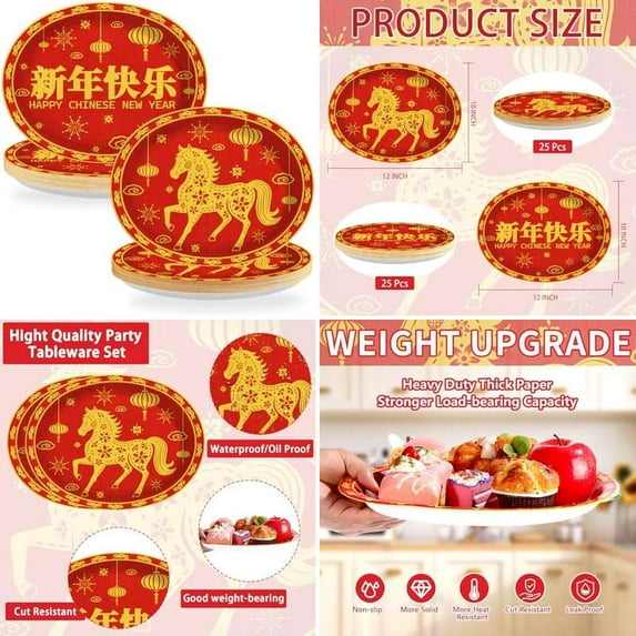 50Pcs 10 x12 Large Red Gold Horse Plates, Disposable Heavy Duty, for ...