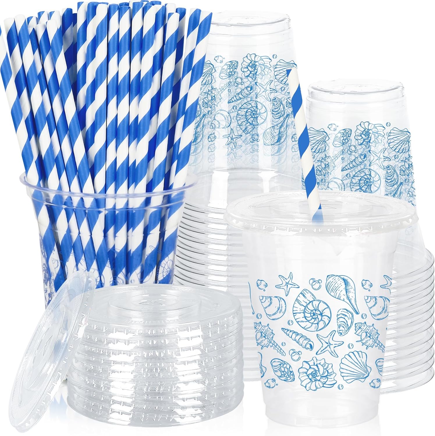 50Pcs 12Oz Blue Ocean Plastic Cups with Lids & Straws Seashell Starfish ...
