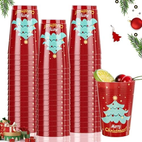 50Pcs 12oz Christmas Tree Design Christmas Plastic Cups, Premium ...