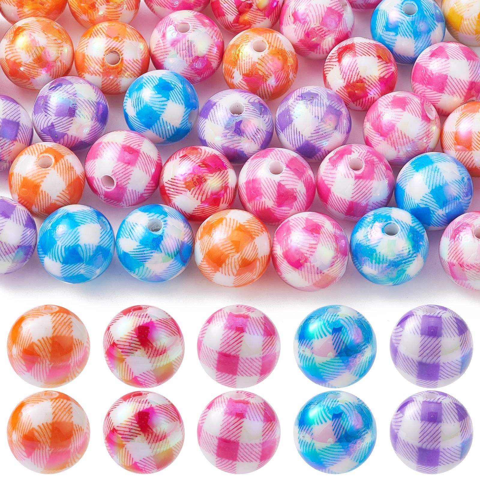 50Pcs 16mm UV Plated Acrylic Tartan Checkered Pattern Bubblegum Beads ...