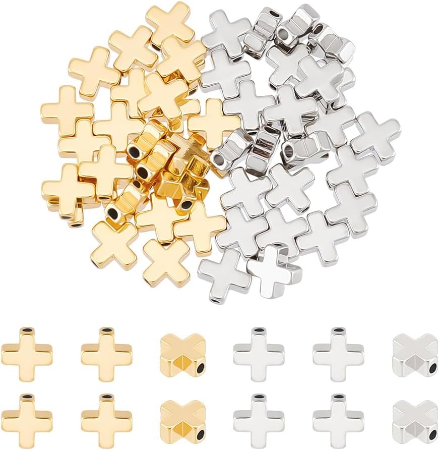 50Pcs 2 Colors Brass Beads Cross Mixed Color 8x8x3mm Hole: 1.4mm 25pcs ...