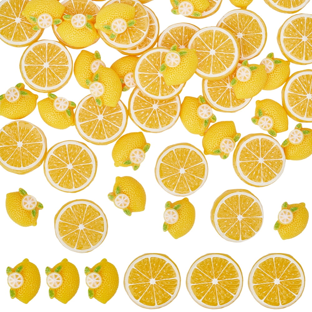 50Pcs 2 Styles Resin Cabochons Imitation Food Lemon Yellow 15~25.5x20 ...