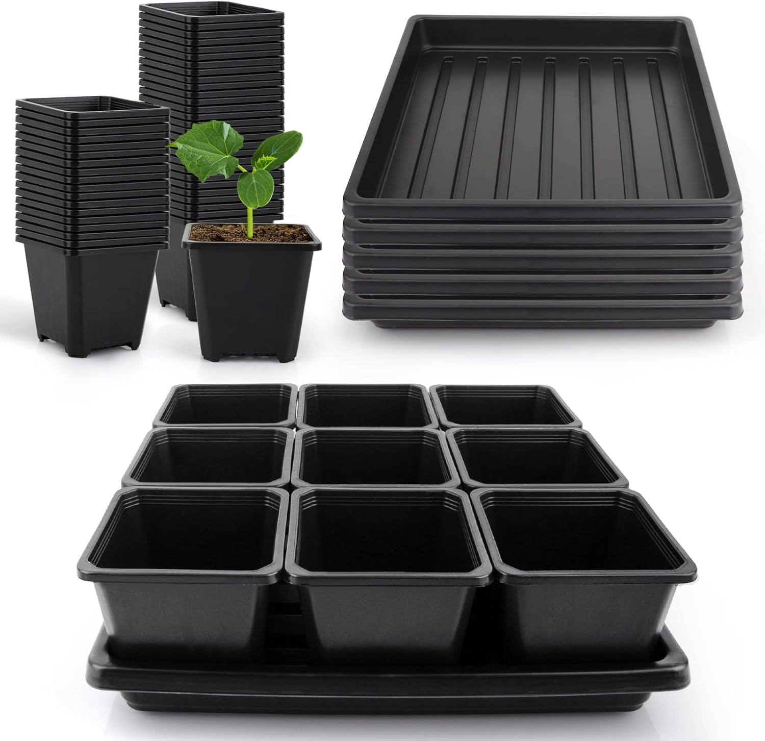 50Pcs 3.5inch Square Nursery Pots with 5Pcs Seed Starting Trays ...