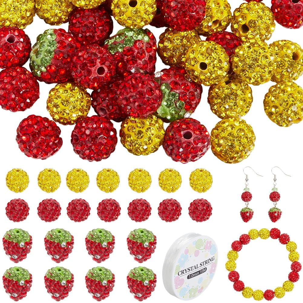50Pcs 3 Styles Strawberry Clay Beads Rhinestone Disco Ball Beads Bulk Red Yellow Round Sparkle ...