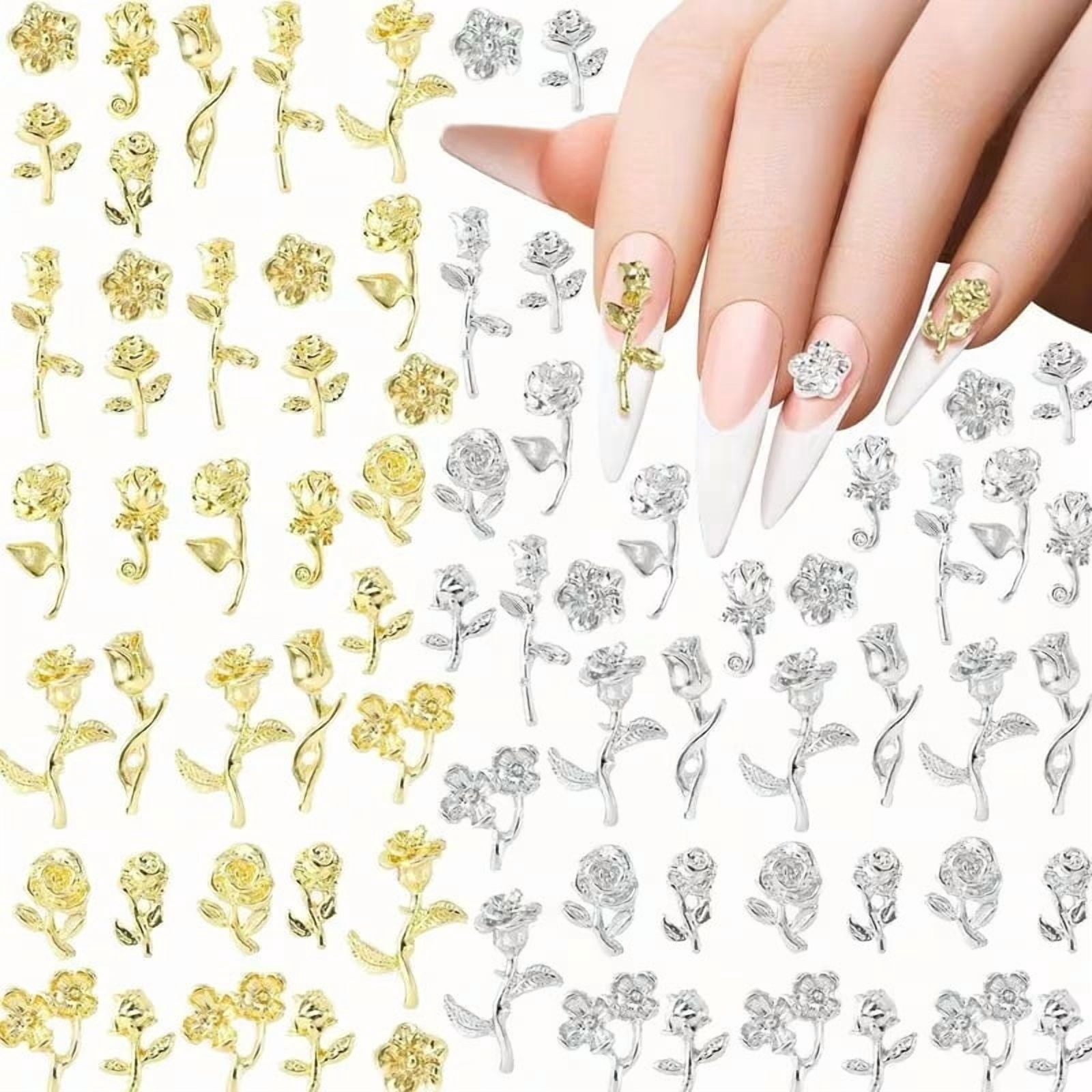 50Pcs 3D Rose Nail Art Stickers - Elegant Floral Charms in Gold ...