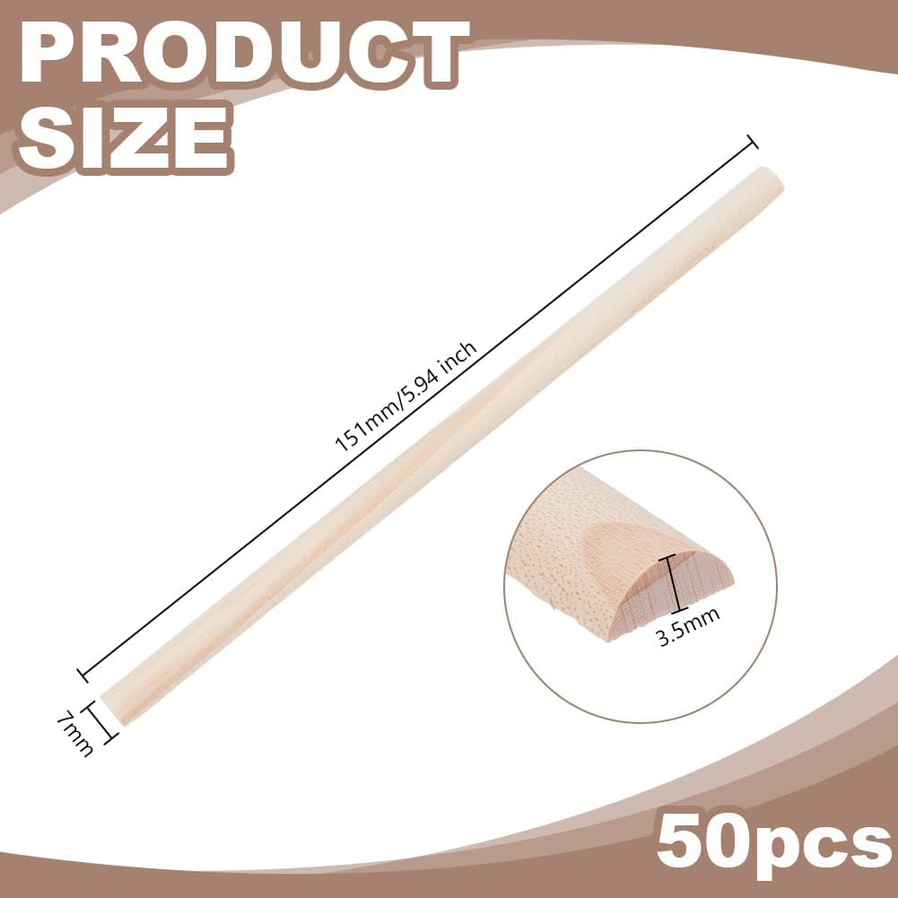 50Pcs 5.9 Inch Wooden Dowel Rods Half Round Split Wood Dowels Sticks ...