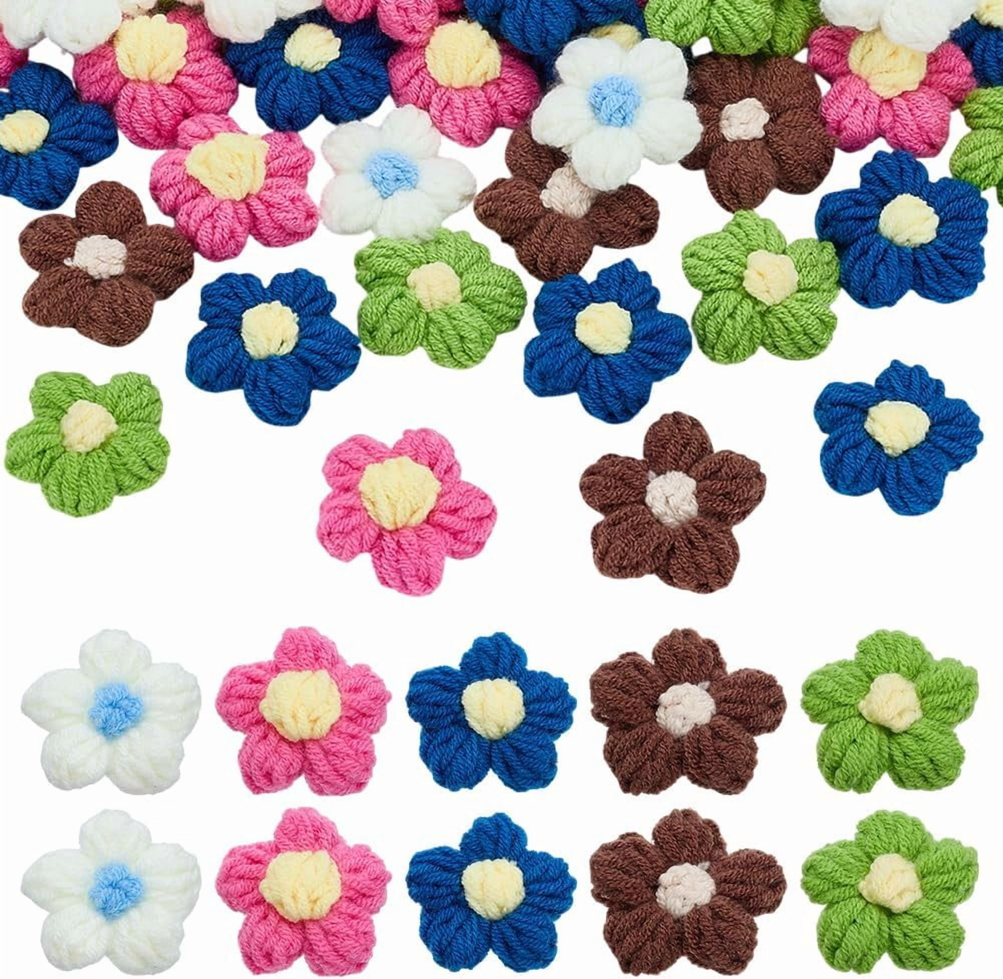 50Pcs 5 Colors Crochet Flowers Sew On Patches Cotton Knitting Flower ...