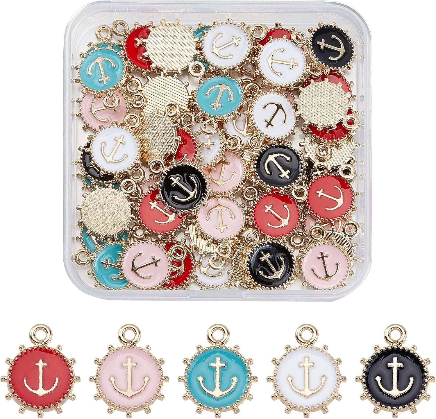 50Pcs 5 Colors Round Anchor Charms Alloy Nautical Charms Colorful ...