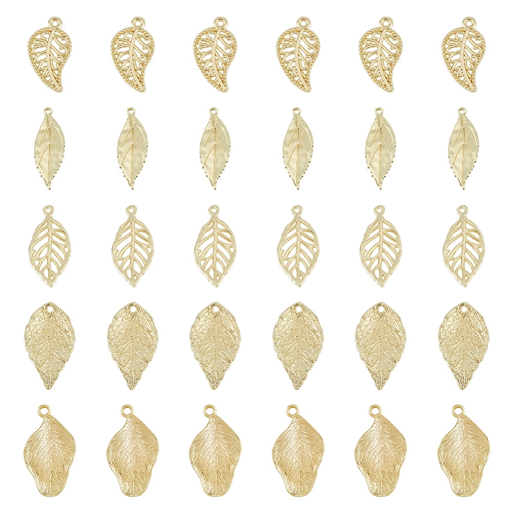 50Pcs 5 Styles Rack Plating Alloy Pendants Leaf Charms Light Gold 19~35 ...