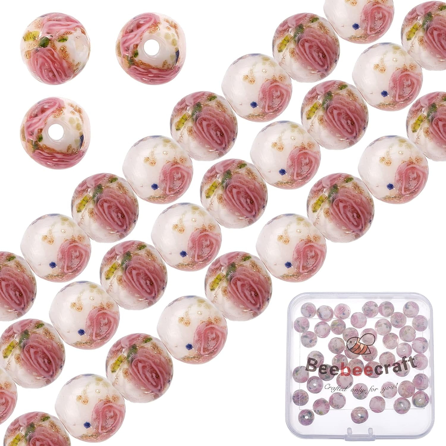 50Pcs 8mm Lampwork Glass Beads Gold Sand Lampwork Round Loose Spacer ...