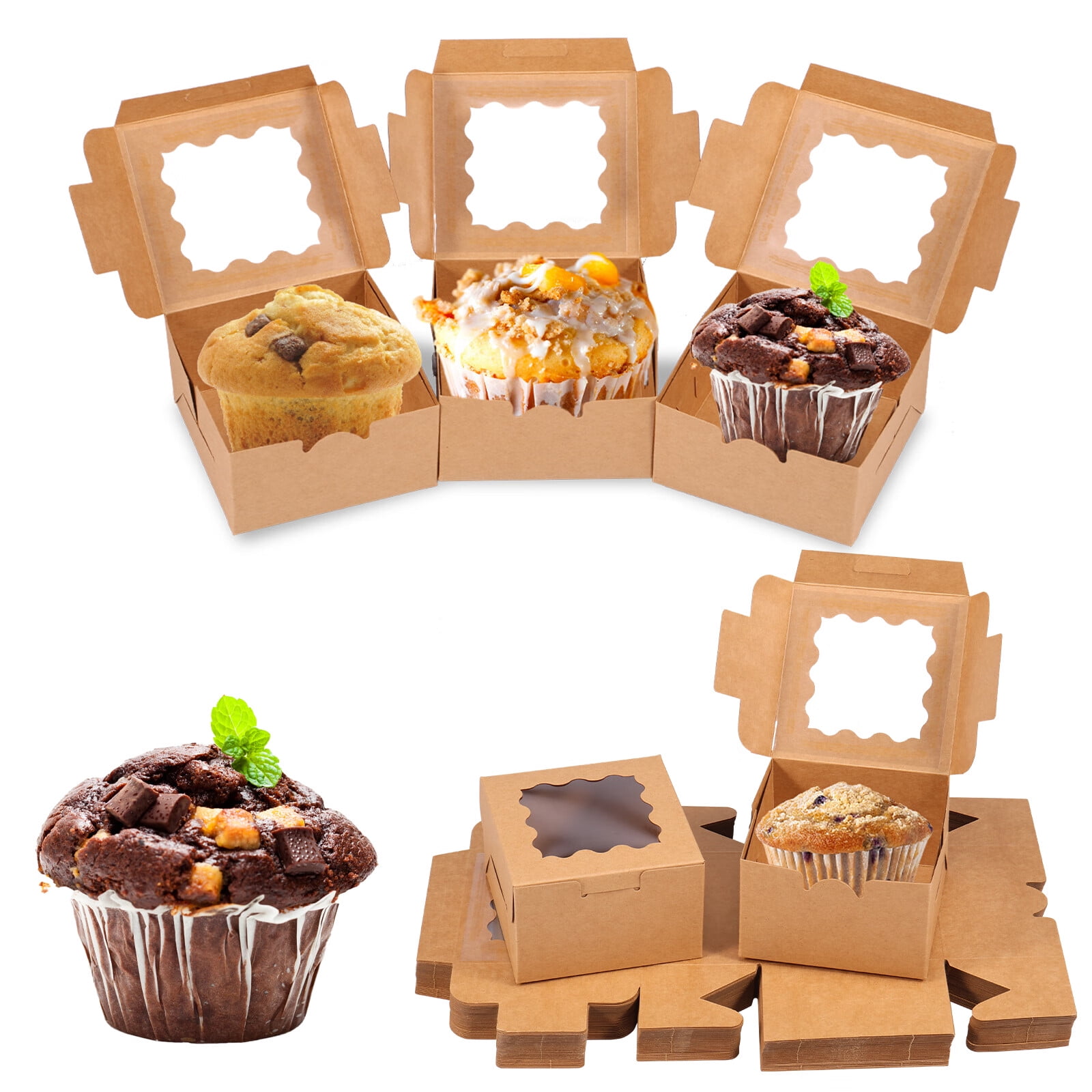 50Pcs Bakery Boxes Card Paper Cake Boxes with Clear Window Coffee Color ...
