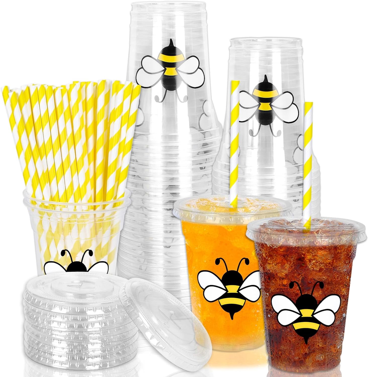 50Pcs Bee Disposable Plastic Cups with Lids and Straws 12oz Party Cups ...