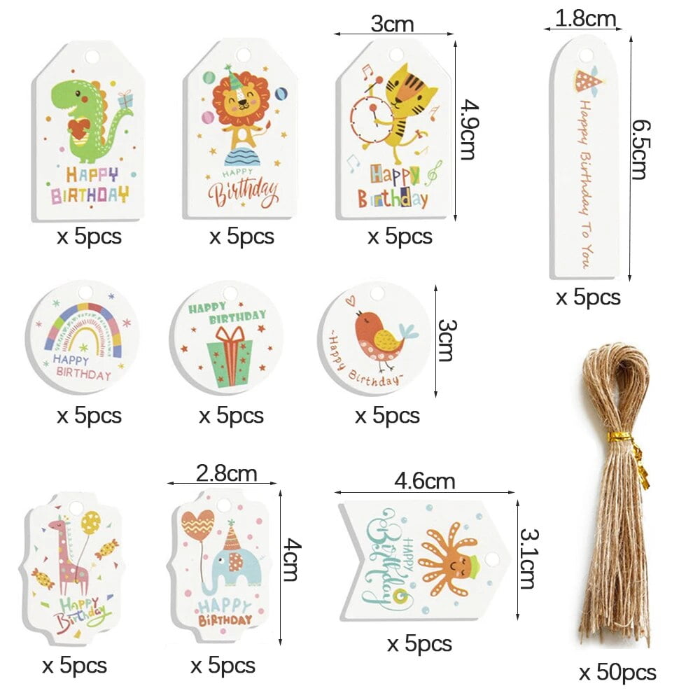 50Pcs Birthday Gift Tags Cartoon Paper Hanging Tags for Gift Wrapping ...