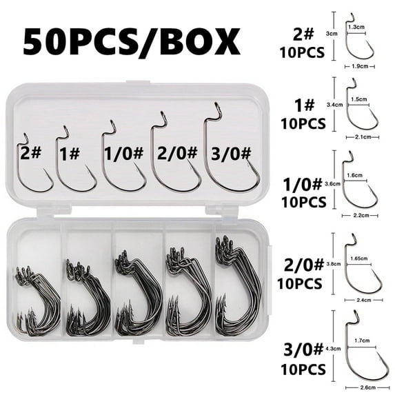 50Pcs Box Fishing Hooks Set Jig Crank Barbed Hook High Carbon Stainless ...
