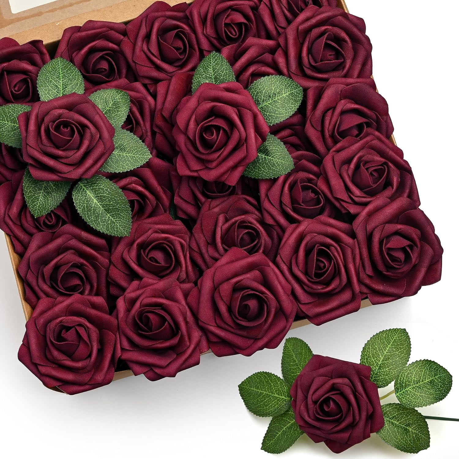 50Pcs Burgundy Roses Artificial Flowers, Burgundy Fake Roses for ...