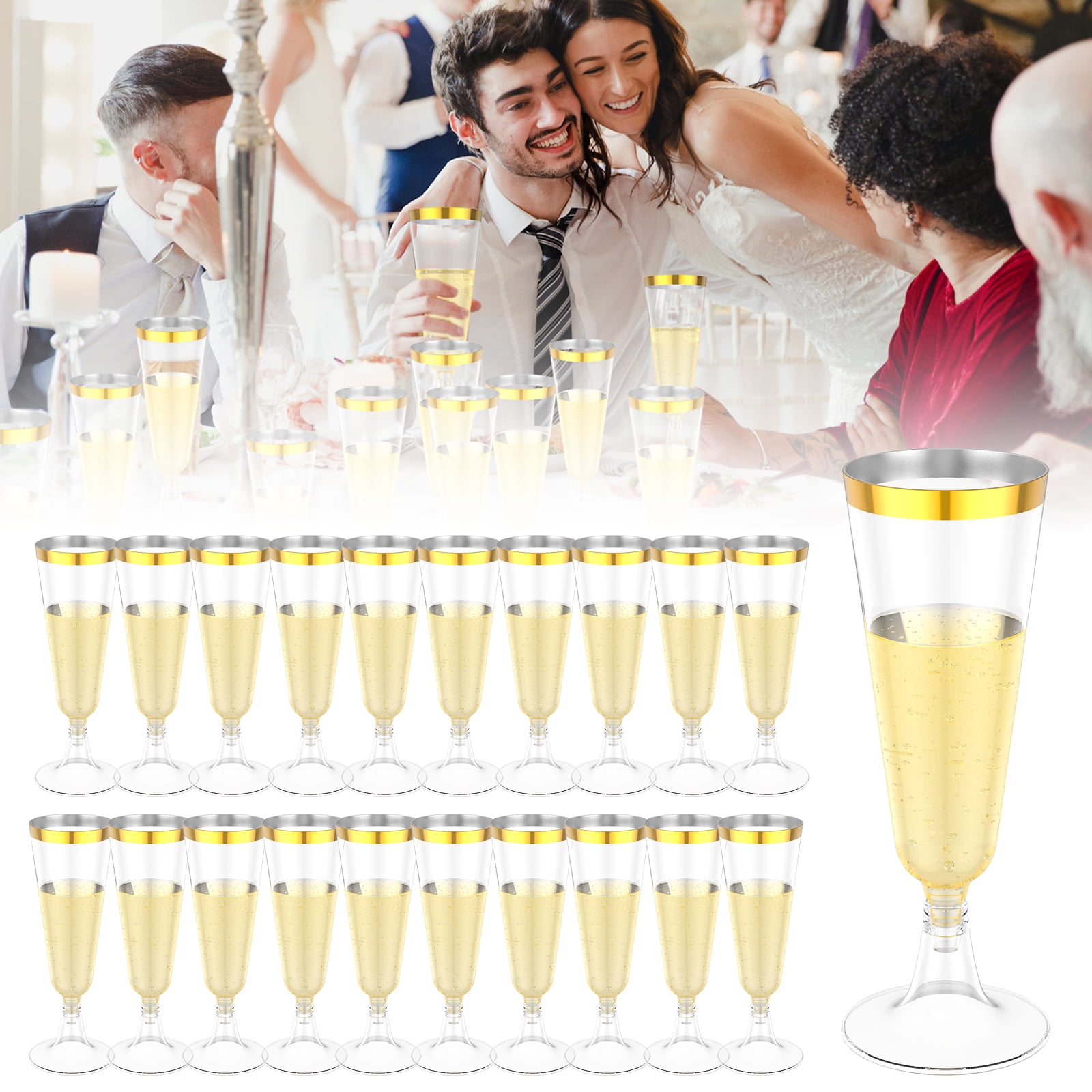 50Pcs Champagne Flutes Glasses PP Gold Flute Glasses Unbreakable Clear ...