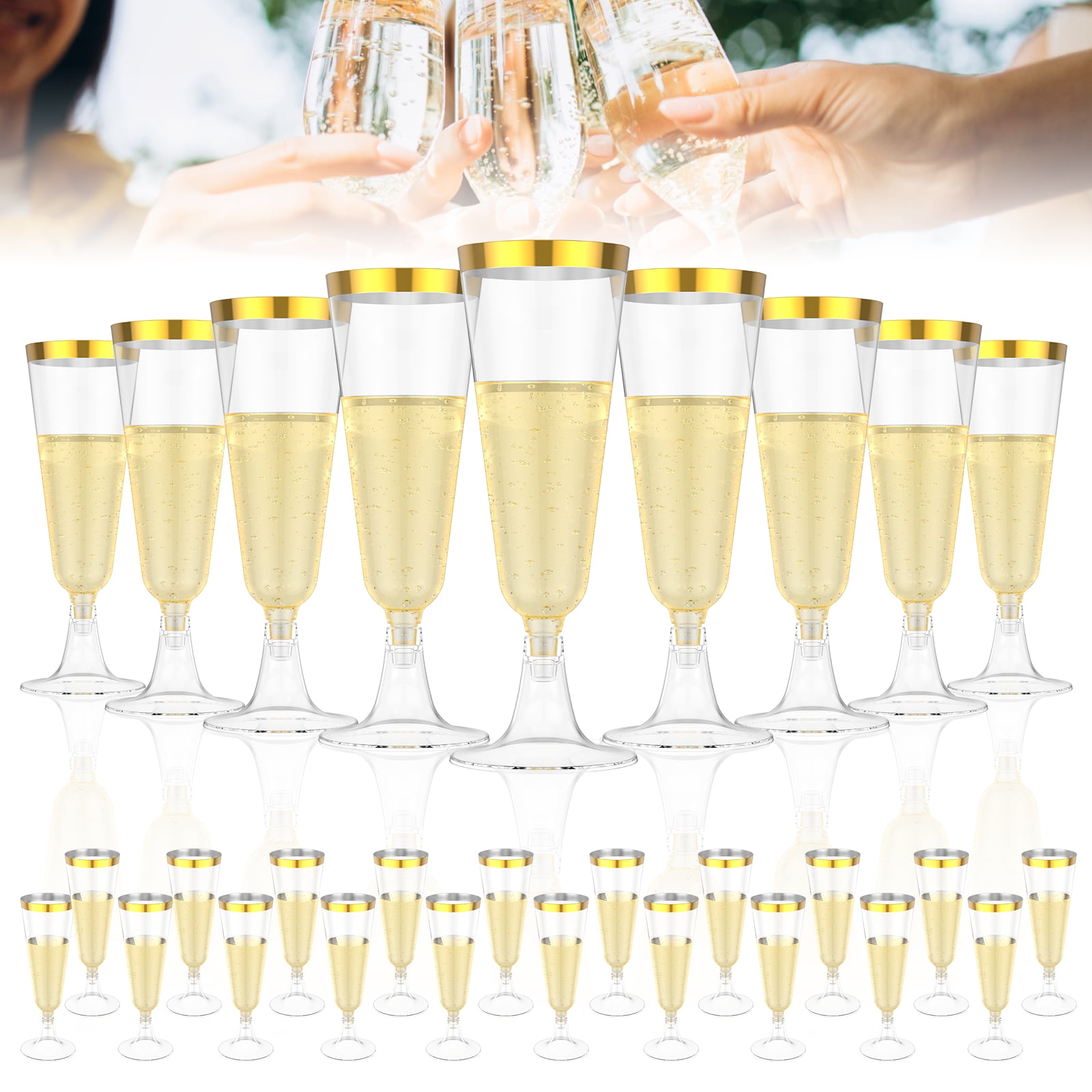 50Pcs Champagne Flutes Glasses PP Gold Flute Glasses Unbreakable Clear ...