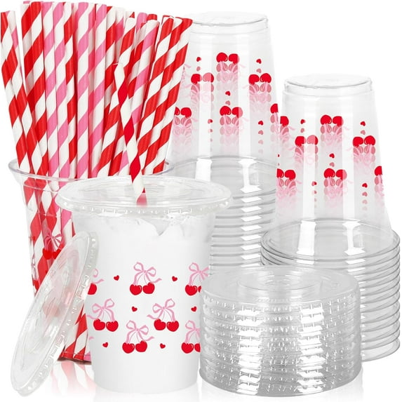 50Pcs Cherry Bow Plastic Cups with Lids and Straws Red Pink Bow Cherry ...