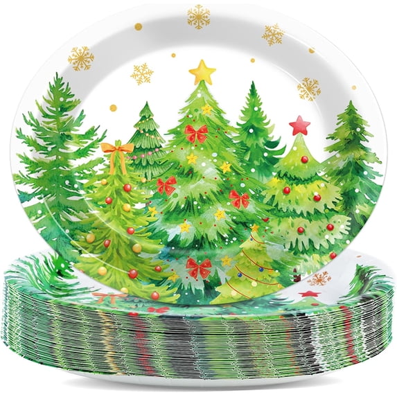 50Pcs Christmas Tree Oval Paper Plates 11inch Holiday Winter Xmas Tree ...