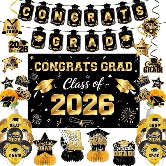 50Pcs Class of 2026 Graduation Decorations Set, Black Gold Party Kit ...