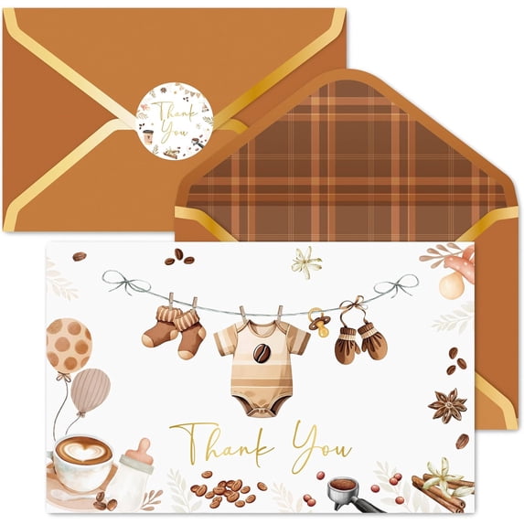 50Pcs Coffee Baby Shower Luxurious Gold Thank You Cards with Envelopes ...