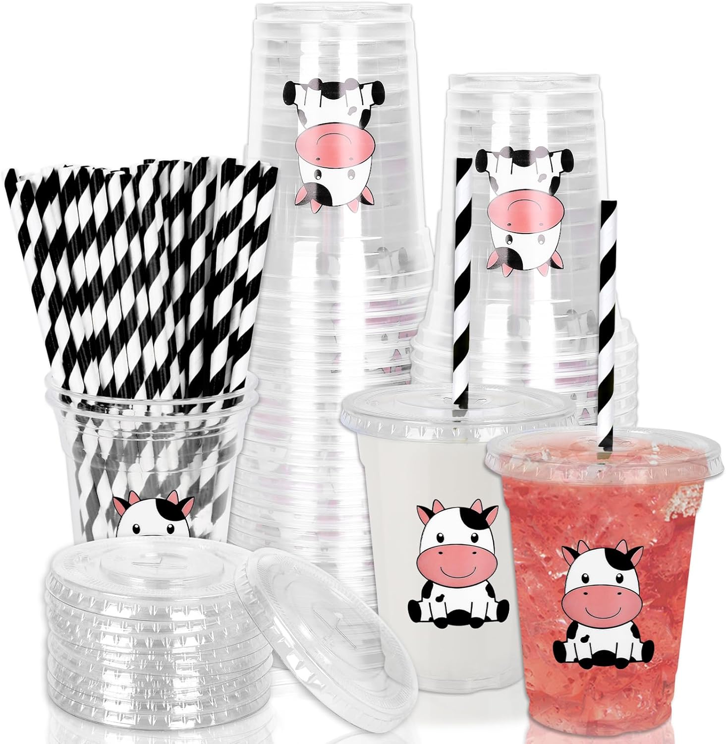 50Pcs Cow Disposable Plastic Cups with Lids and Straws 12oz Cute Cow ...