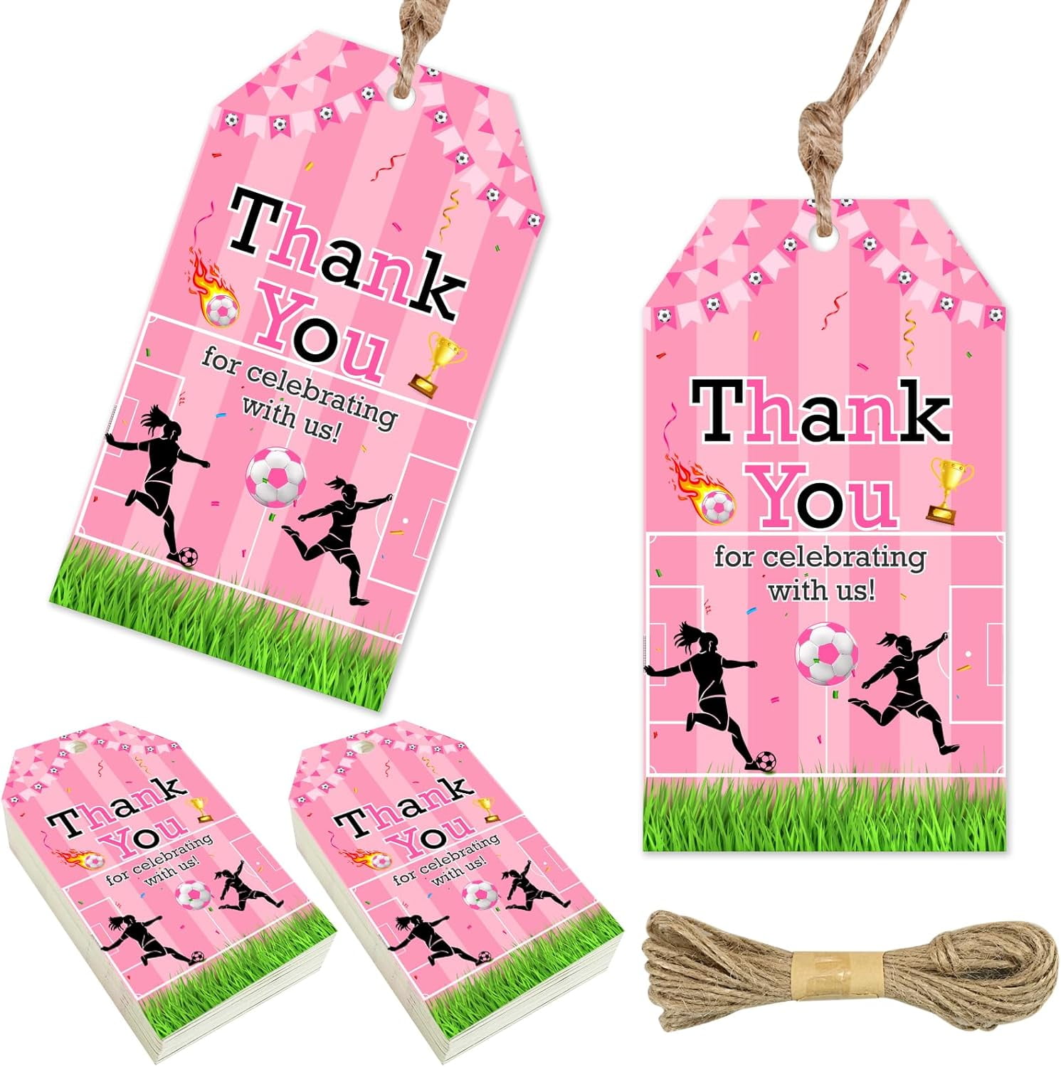 50Pcs Football Thank You Tags for Girls, Pink Soccer Ball Sports Themed ...