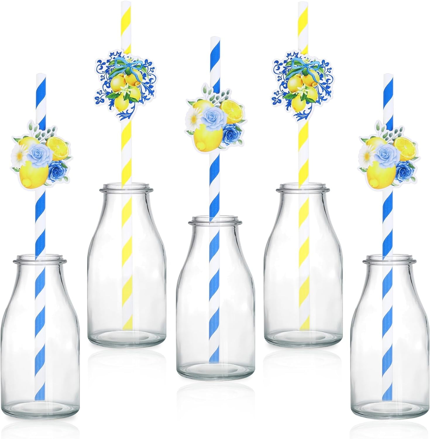 50Pcs Lemon Paper Straws, Lemon Birthday Party Decorations Blue Striped ...