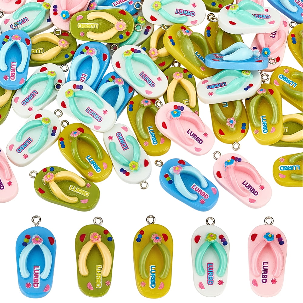 50Pcs Mini Flip Flop Charms 5 Colors Opaque Resin Slipper Pendants with ...