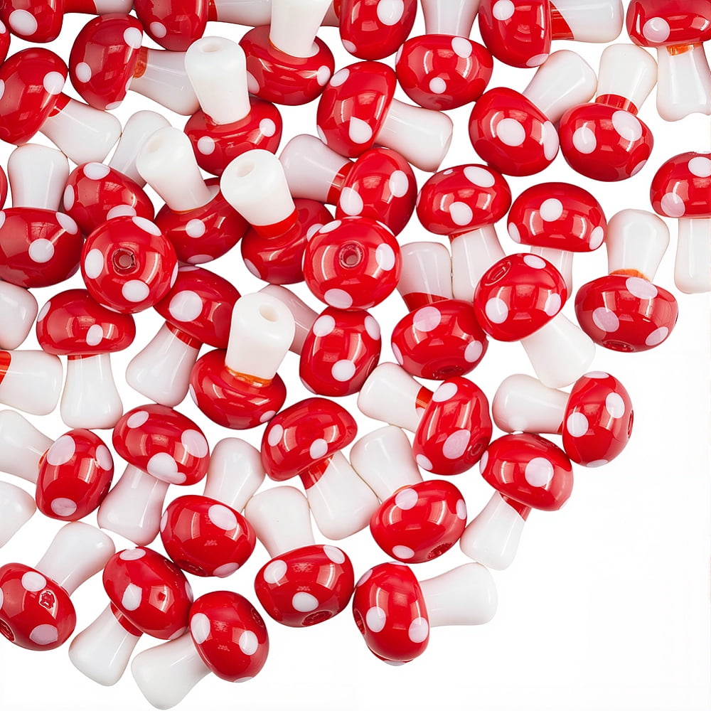 50Pcs Mushroom Handmade Lampwork Beads Strands Red 12.5~14x10~11mm Hole ...