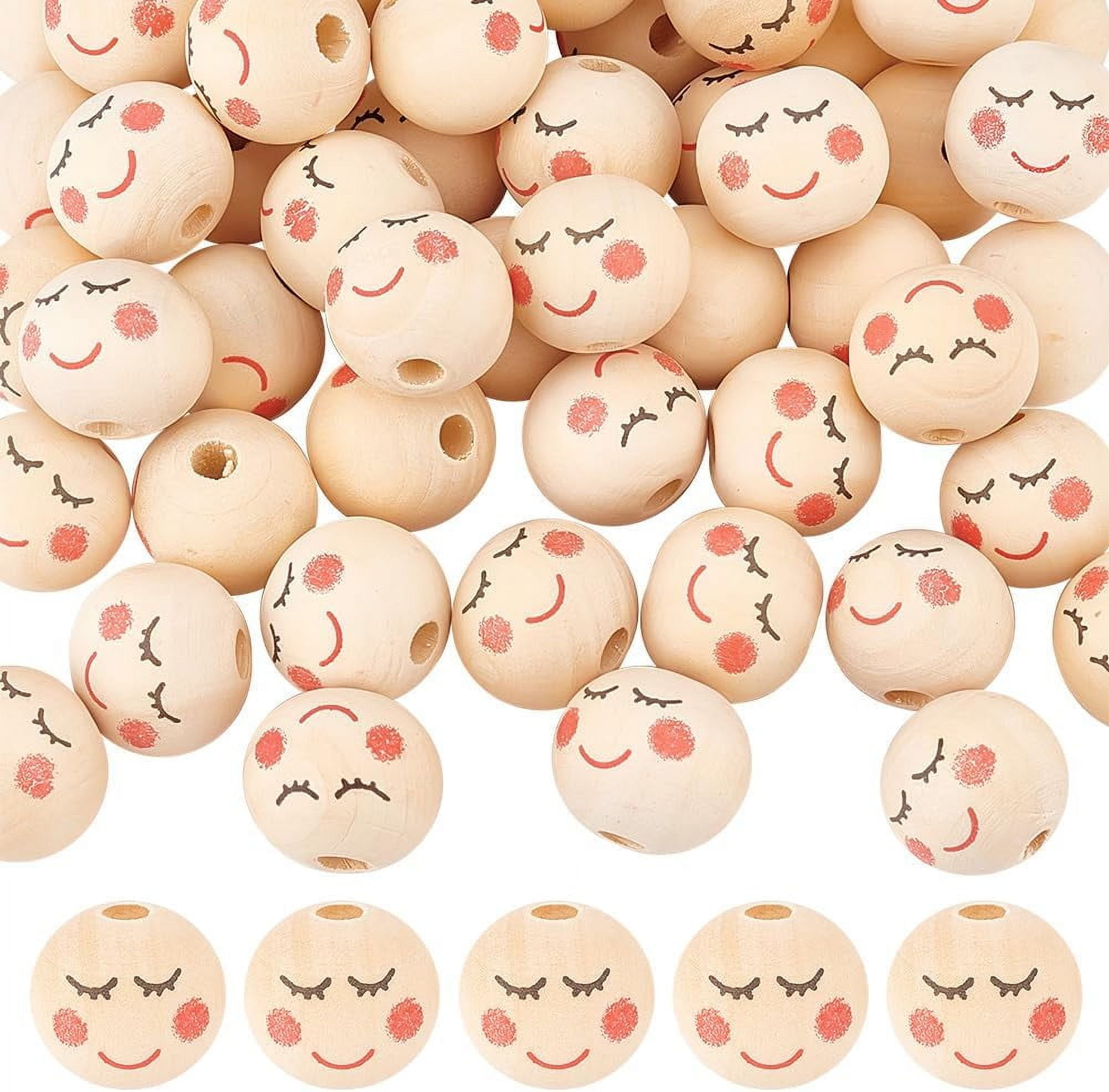 50Pcs Natural Wood European Beads Large Hole Smile Face Print Round ...