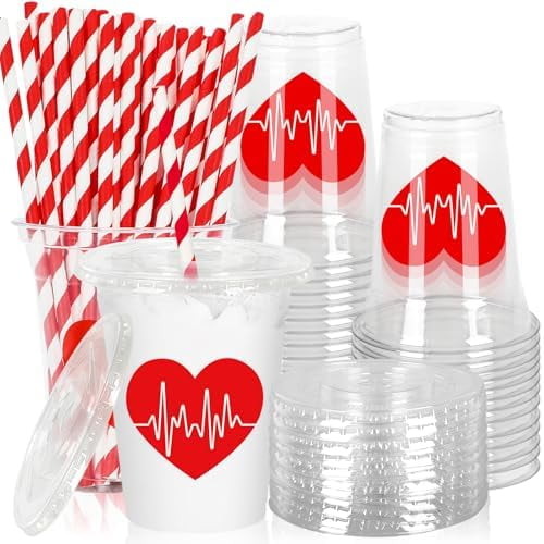 50Pcs Nurse Plastic Cups with Lids and Straws Red Heart Clear Plastic ...