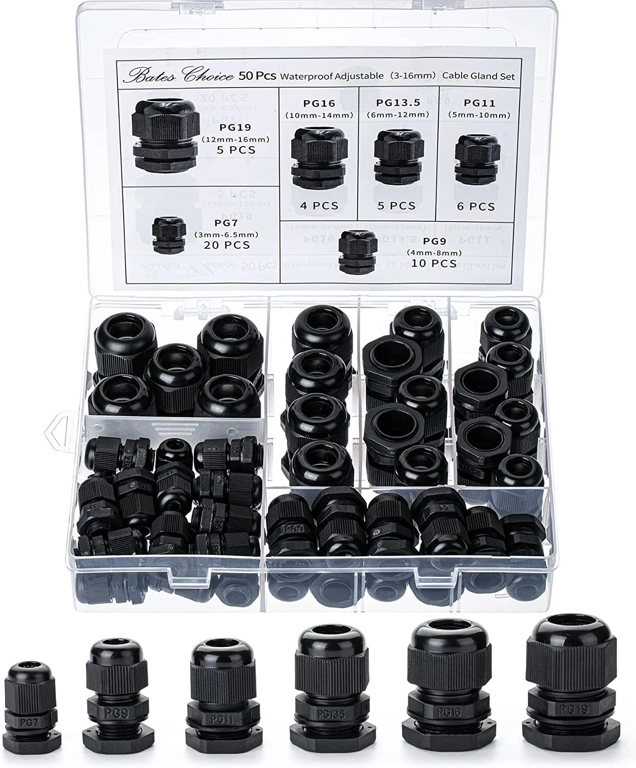 50Pcs Nylon Cable Gland Waterproof Cable Connectors Black Cord Grip ...