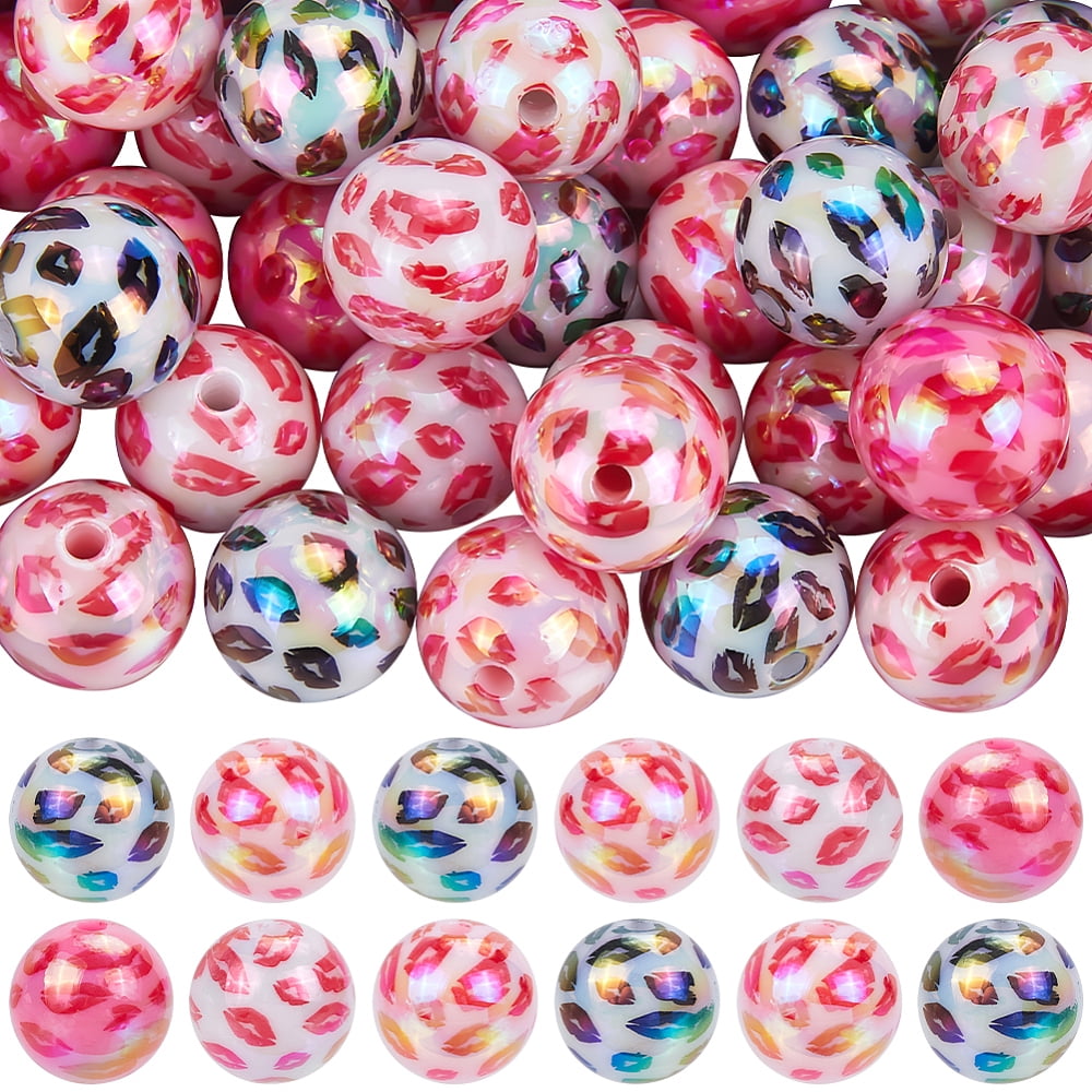 50Pcs Opeque Acrylic Beads Iridescent Round with Lip Mixed Color 15 ...