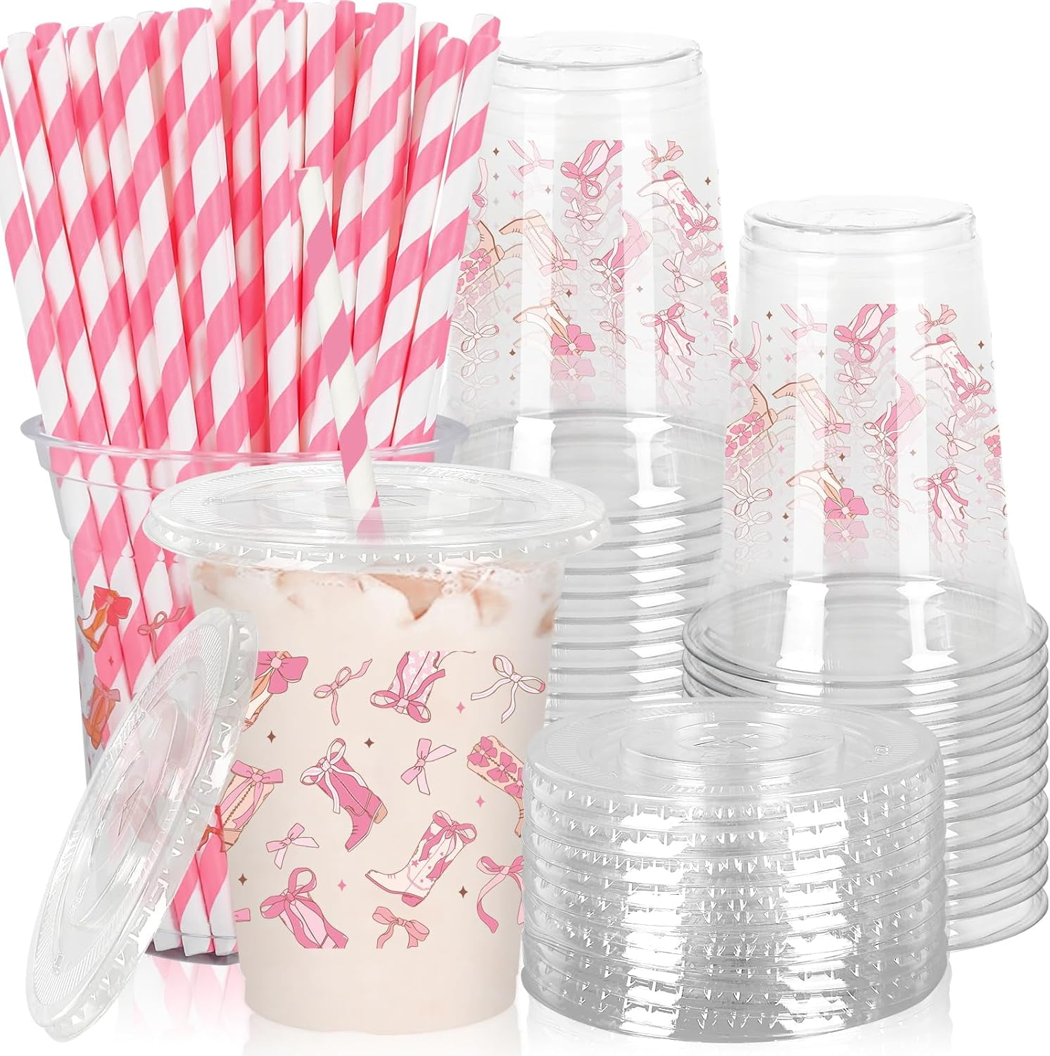 50Pcs Pink Bow Cowgirl Plastic Cups with Lids and Straws Cowgirl Boots ...