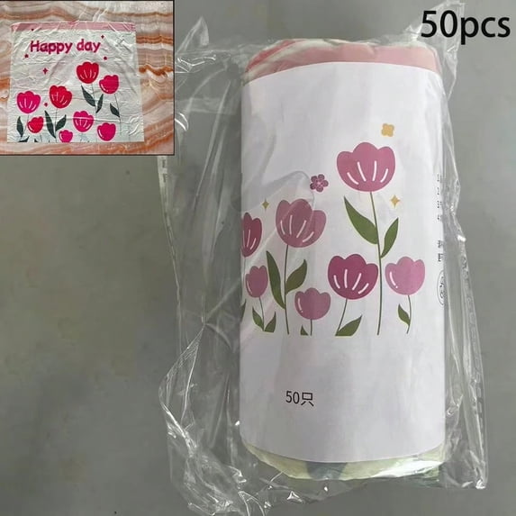 50Pcs Pink Floral Print Plastic Trash Bags, Strong Drawstring Garbage ...