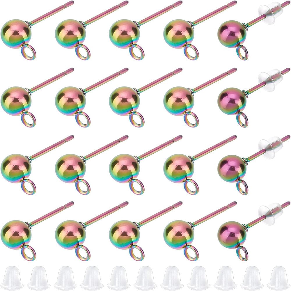 50Pcs Rainbow Color Stainless Steel Stud Earring Findings Ball Stud ...