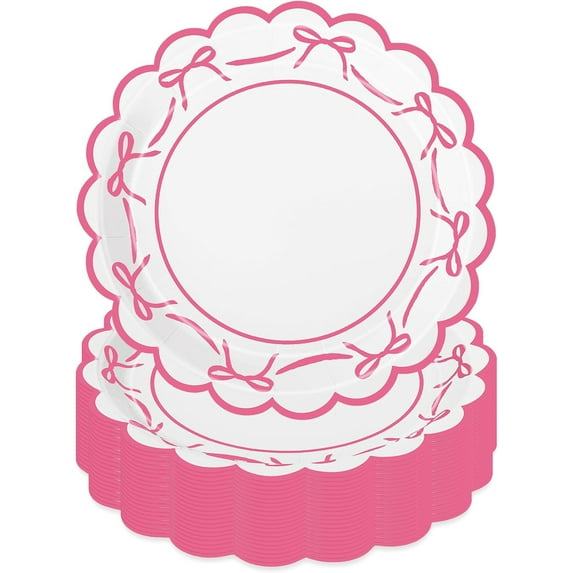 PHYSUN-50Pcs Rose Pink Bow Paper Plate Scalloped Bowknot Disposable ...