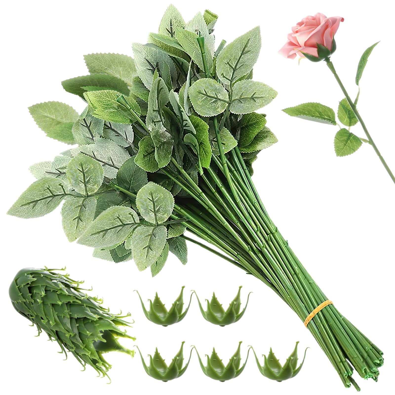 50Pcs Rose Stems with Leaves & 50Pcs Flower Calyxes Set, Fake Flower ...